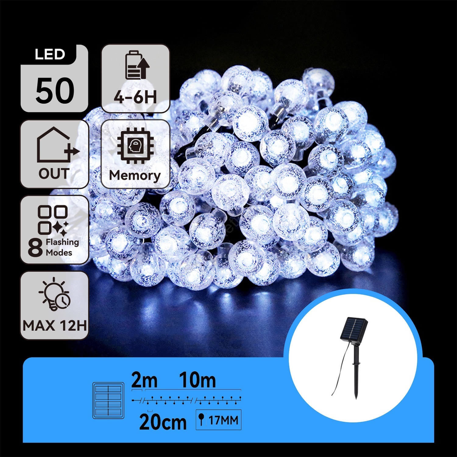 Aigostar - LED Solárna dekoračná reťaz 50xLED/8 funkcií 12m IP65 ...