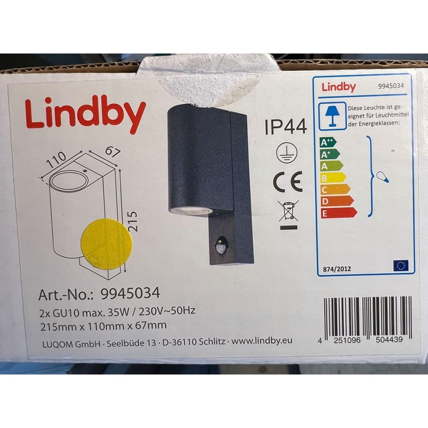 Lindby - Vonkajšie nástenné svietidlo so senzorom PALINA 2xGU10/28W ...